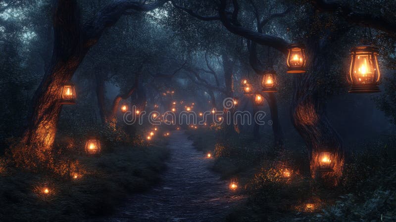 Enchanted Forest Pathway Illuminated by Warm Lantern Light during ...