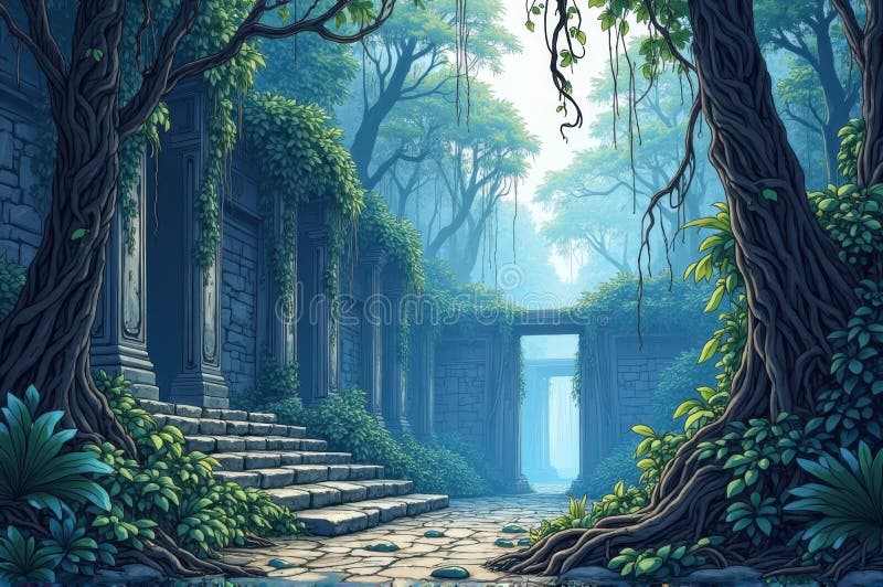 Enchanted Forest Pathway Leading through Ancient Stone Ruins Stock ...