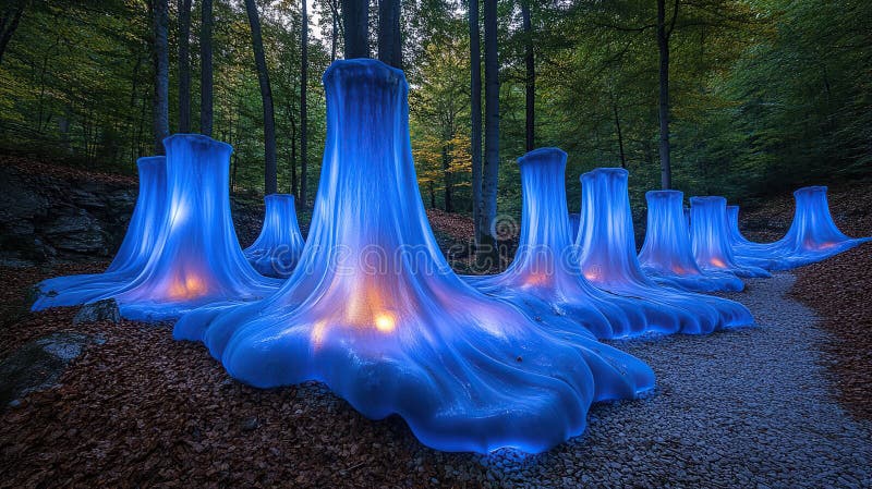 Enchanted Forest Pathway Lit by Glowing Blue Structures Draped in ...