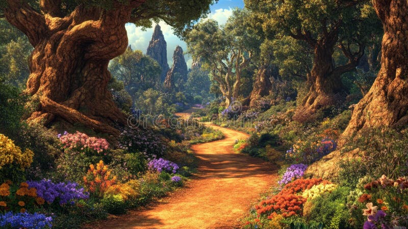 Enchanted Forest Pathway with Lush Florals and Majestic Trees Stock ...