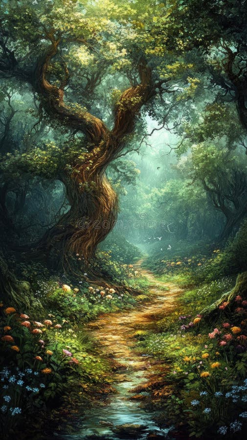 Enchanted Forest Pathway with Lush Greenery and Flowers Stock ...
