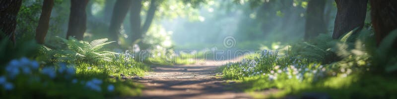 Enchanted Forest Pathway with Lush Greenery and Soft Sunlight Streaming ...