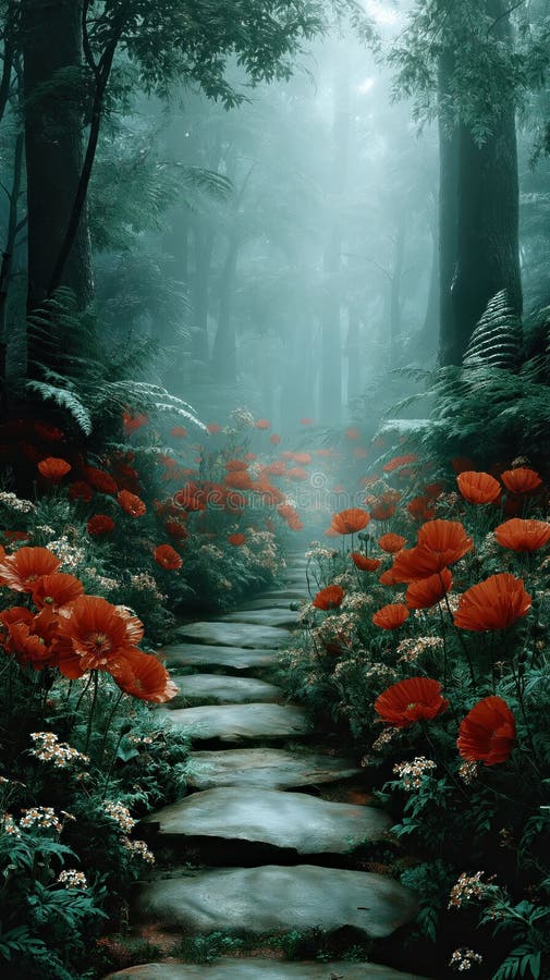 Enchanted Forest Pathway with Lush Red Flowers and Misty Atmosphere ...