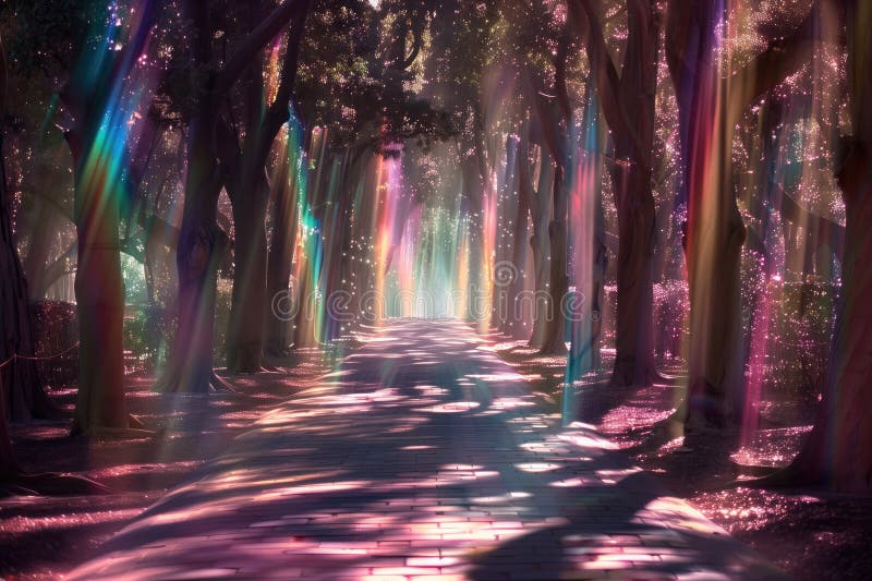 Enchanted Forest Pathway with Magical Rainbow Light Beams and Dappled ...