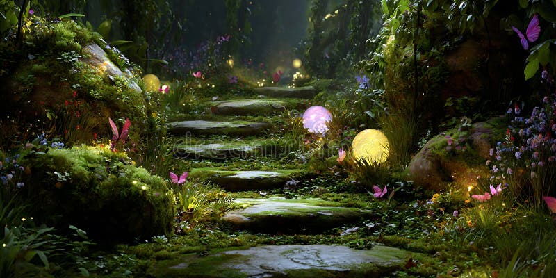 Enchanted Forest Pathway Magical Stone Steps Glowing Flora Stock ...