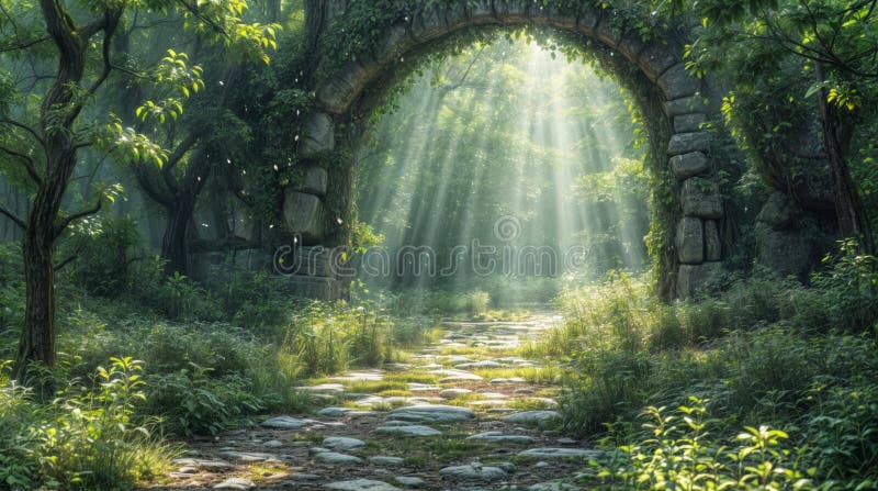 Enchanted Forest Pathway with Mystic Stone Arch Stock Illustration ...