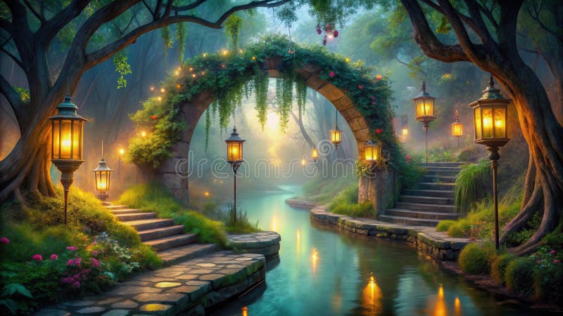 Enchanted Forest Pathway Mystical Stone Archway, Glowing Lanterns, Serene Waterway, and Lush ...