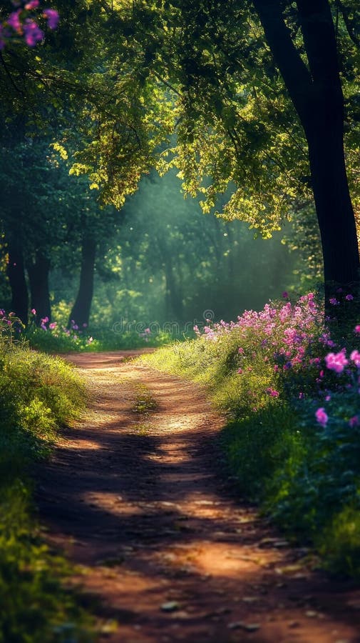 Enchanted Forest Pathway: Sunlight Drenched Trail Stock Illustration ...