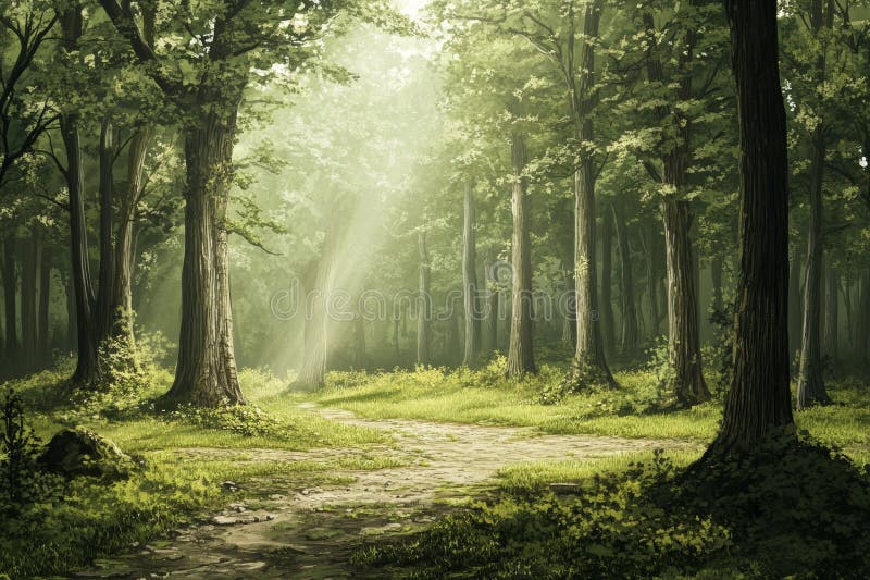 Enchanted Forest Pathway , Sunlight Illuminates the Woods Stock ...
