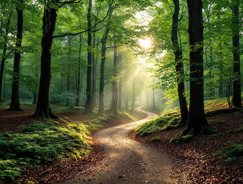 Enchanted Forest Pathway with Sunlight Streaming through Lush Green ...