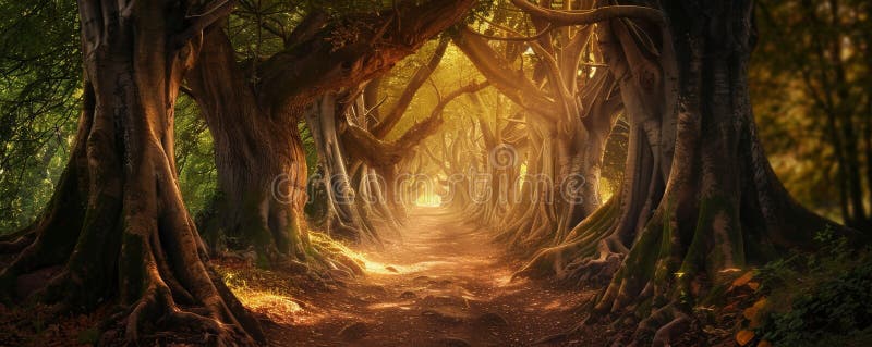 Enchanted Forest Pathway at Sunset Stock Photo - Image of dreamy ...