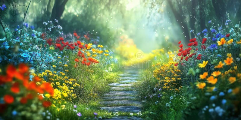 Enchanted Forest Pathway Surrounded by Lush Wildflowers in Bloom Stock ...