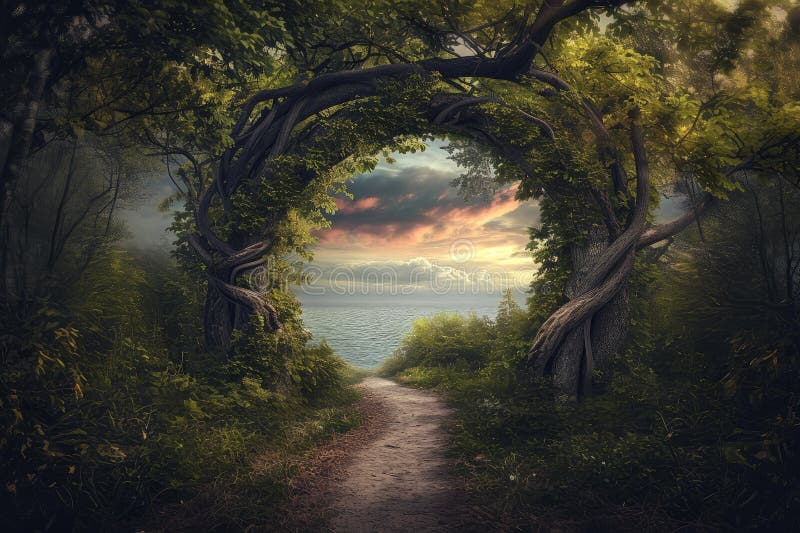 Enchanted Forest Pathway To Sunset Beach Stock Photo - Image of ...
