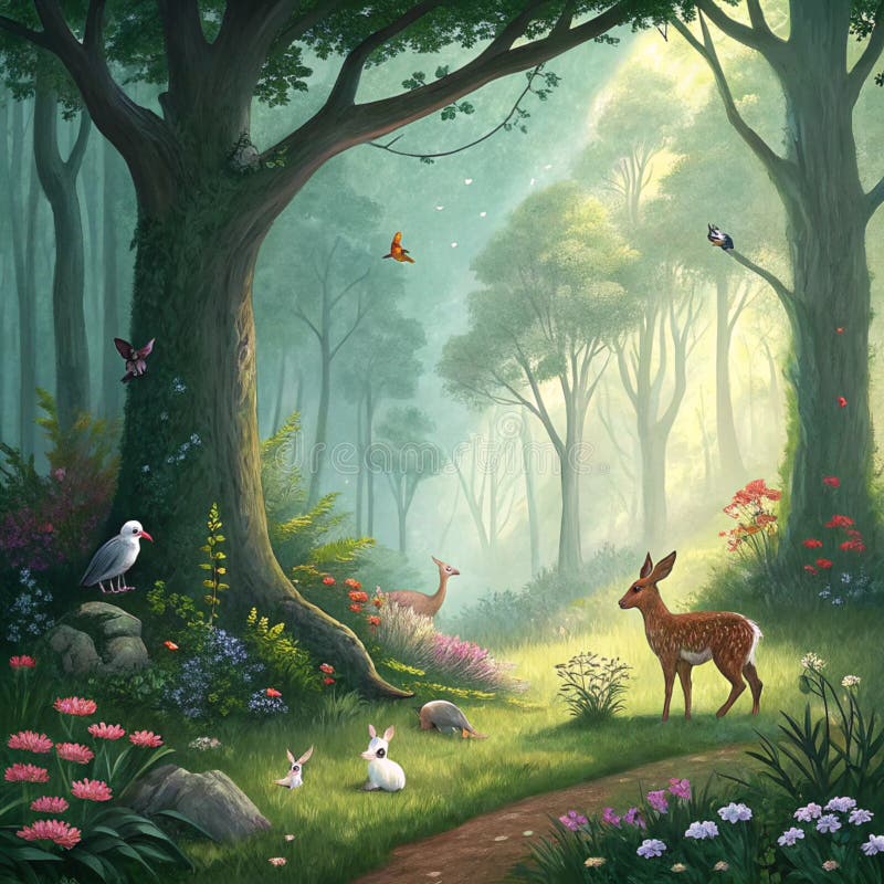 Enchanted Forest Pathway with Wildlife Stock Image - Image of flora ...