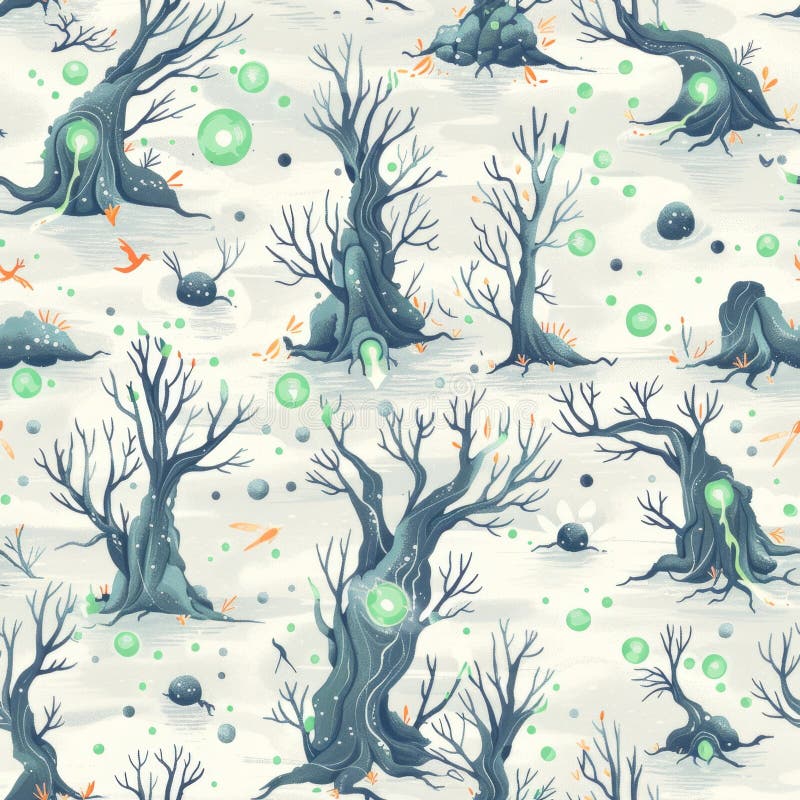 Enchanted Forest Pattern with Whimsical Trees and Magical Bubbles Stock ...