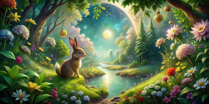 Enchanted Forest with a Peaceful Bunny by a Moonlit Stream. Generative ...