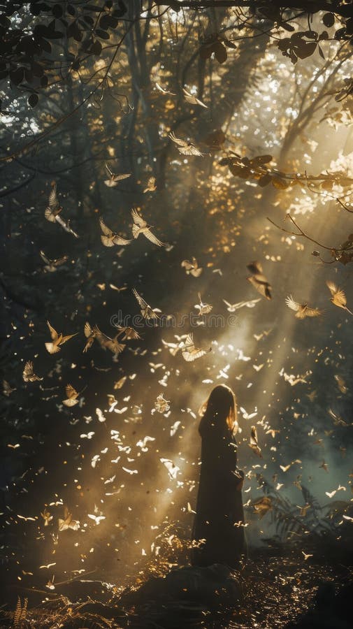 Enchanted Forest with a Person Surrounded by Flying Leaves Stock Image ...