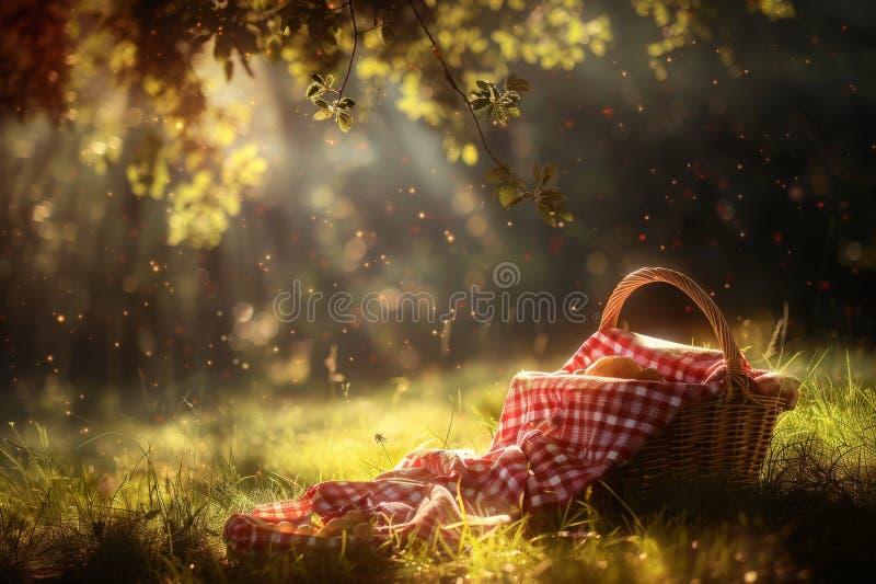 Enchanted Forest Picnic Basket Under Golden Sunlight. Generative AI ...