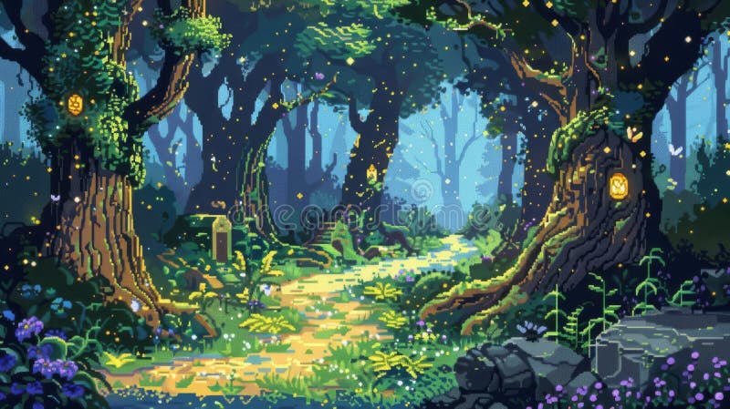 Enchanted Forest Pixel Art Game Background with Glowing Lanterns and ...