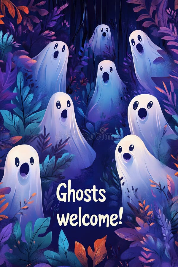 Enchanted Forest with Playful Ghosts and Text "Ghosts Welcome!" Stock ...