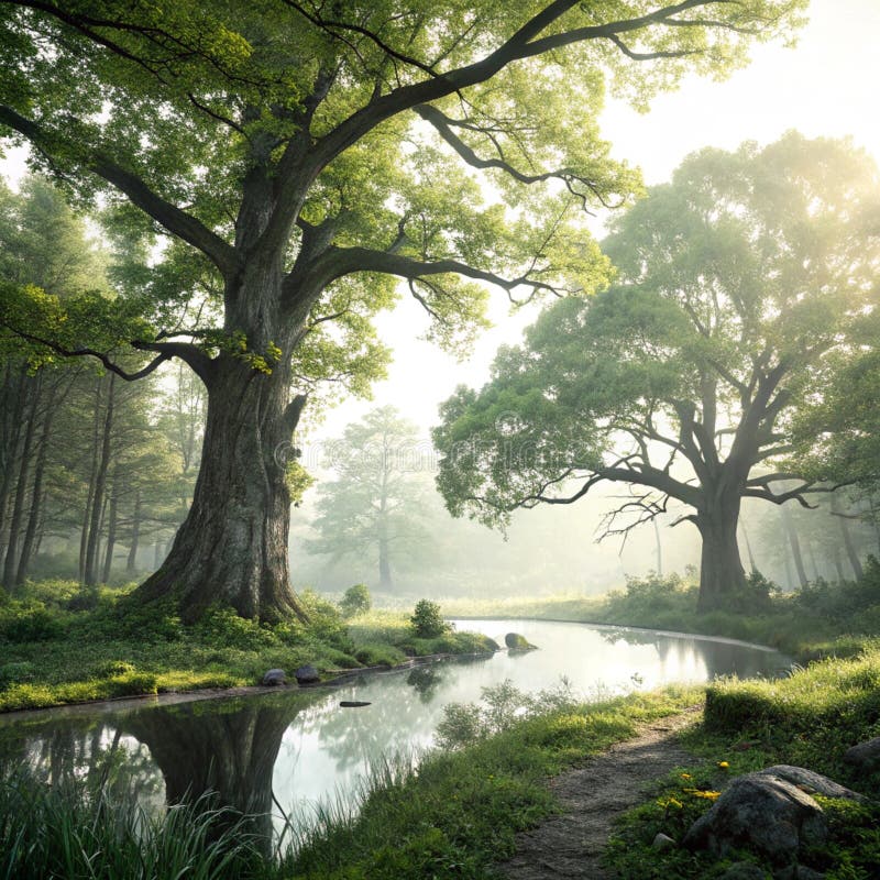 Enchanted Forest with a Pond and Big Trees Stock Illustration ...