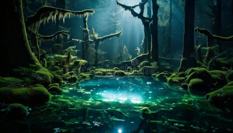 Enchanted Forest Pond Glowing Under Magical Light Beams Stock Photo ...
