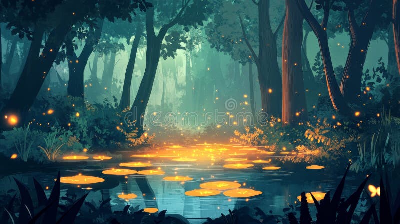 Enchanted Forest Pond at Night Stock Illustration - Illustration of ...