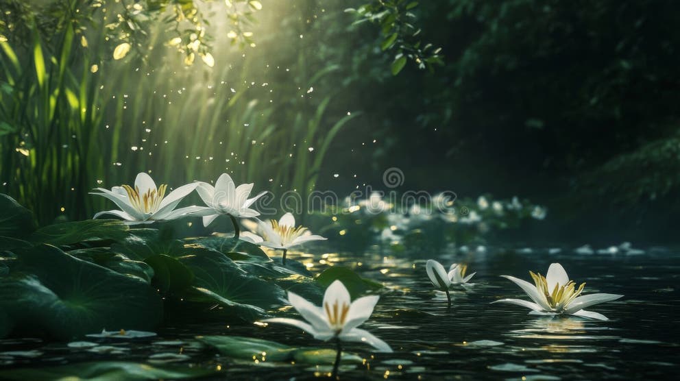 Enchanted Forest Pond with White Water Lilies and Sunlight Stock ...