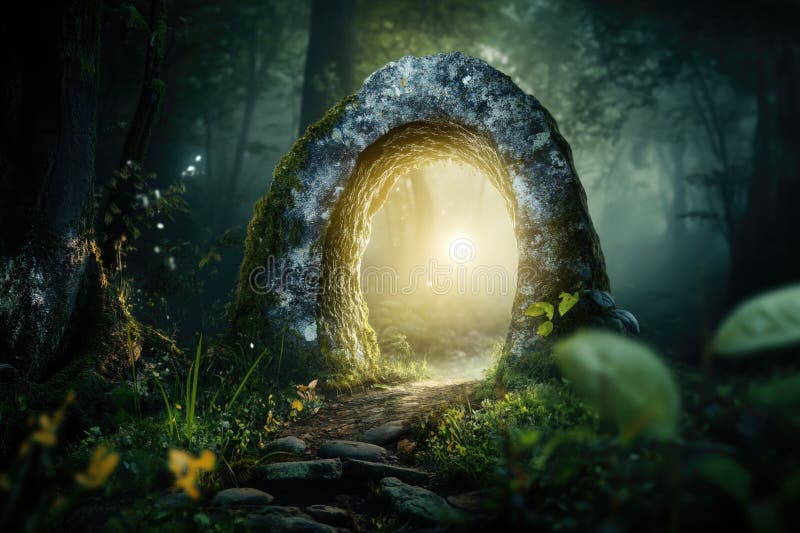 Enchanted Forest Portal Illuminated by Mystic Light at Sunrise Stock ...