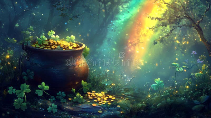 Enchanted Forest Pot of Gold and Rainbow Stock Illustration ...