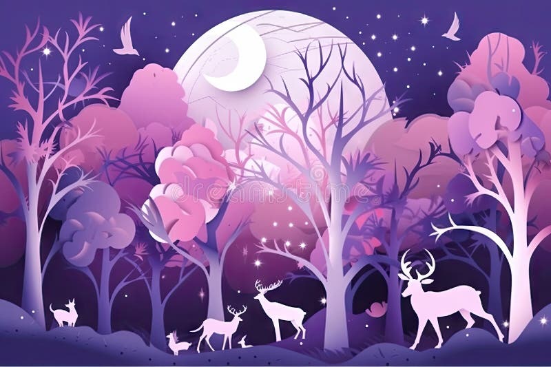 Enchanted Forest with Purple Sky and Stars, Shining Moon and Magical ...