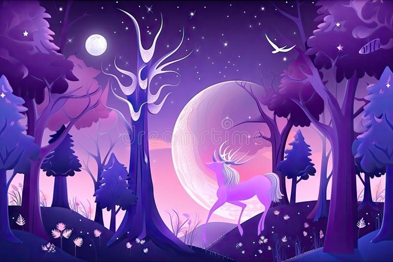 Enchanted Forest with Purple Sky and Stars, Shining Moon and Magical ...