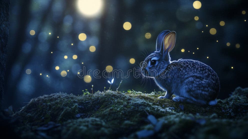 Enchanted Forest Rabbit at Night Stock Illustration - Illustration of ...