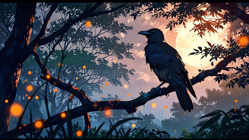 Enchanted Forest with Raven and Glowing Orbs Stock Illustration ...