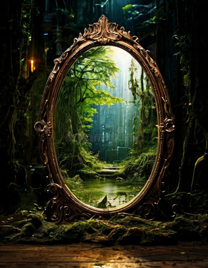 Enchanted Forest Reflected in Ornate Mirror Stock Photo - Image of ...