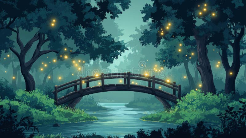 Enchanted Forest River Bridge at Night with Glowing Fireflies Stock ...