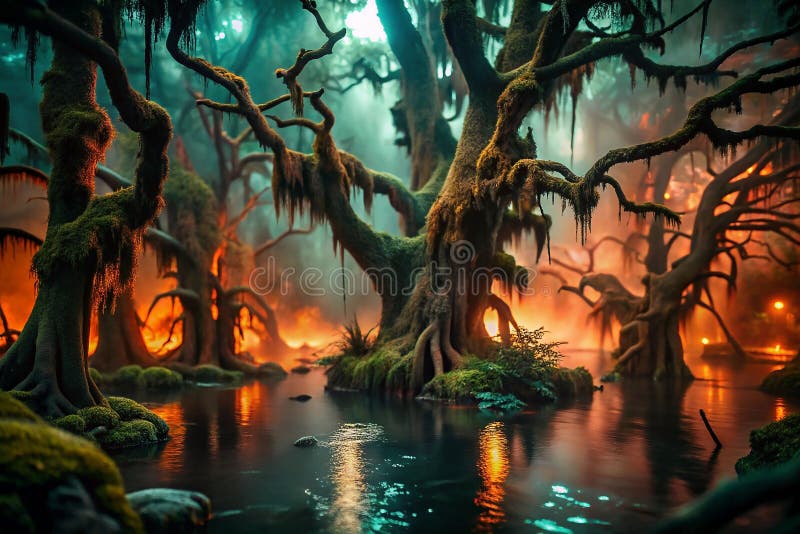Enchanted Forest River at Night with Fire Stock Illustration ...