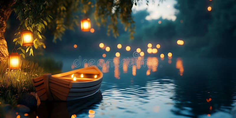 Enchanted Forest River Scene Night Lights Background Stock Illustration ...