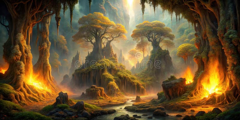 Enchanted Forest River Valley with Fiery Tree Roots and Golden Trees ...