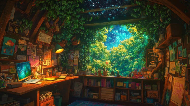 Enchanted Forest Room Pixel Art Studio Stock Illustration ...