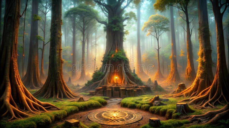Enchanted Forest Sanctuary Ancient Tree with Mystical Light and Stone ...