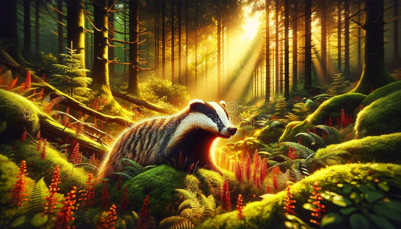 Enchanted Forest Scene with a Badger Amidst Lush Greenery and Sunbeams ...