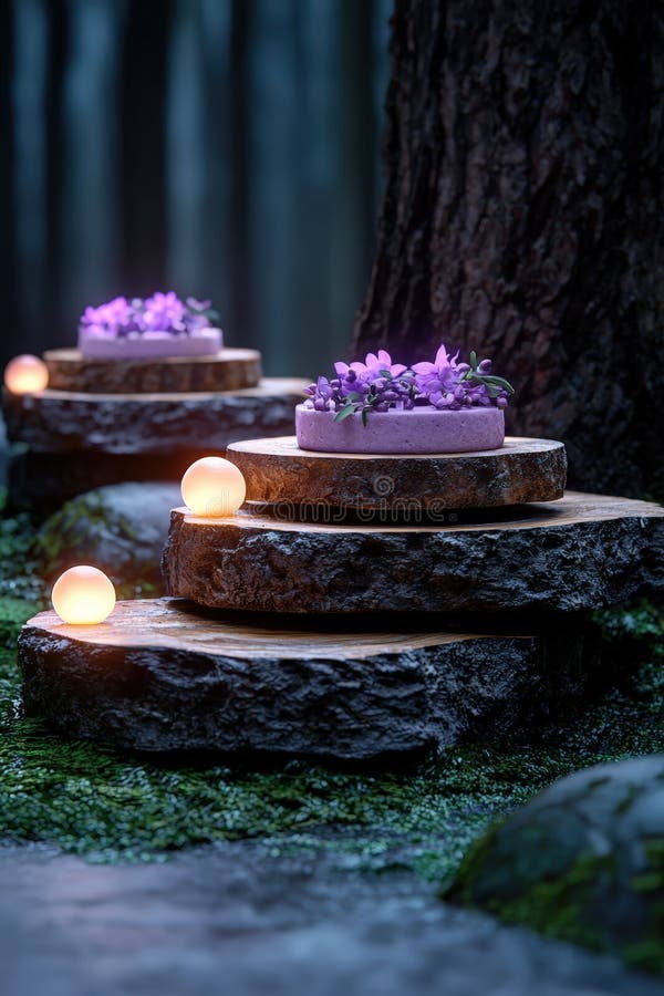Enchanted Forest Scene with Cakes and Glowing Orbs. Stock Illustration ...