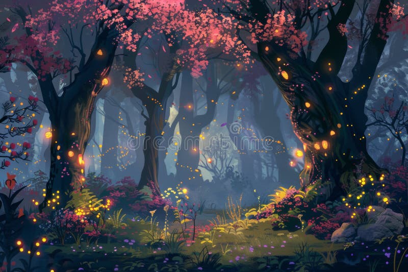 Enchanted Forest Scene with Fireflies and Blooming Trees at Twilight ...