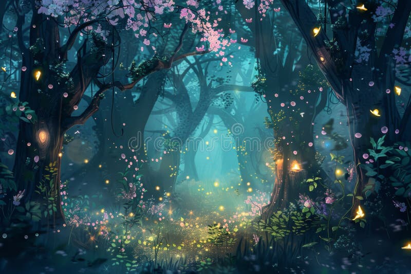 Enchanted Forest Scene with Fireflies and Blossoming Trees at Twilight ...