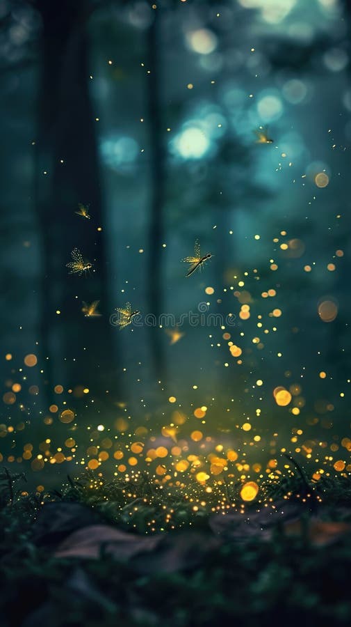 Enchanted Forest Scene with Fireflies at Night Stock Photo - Image of ...