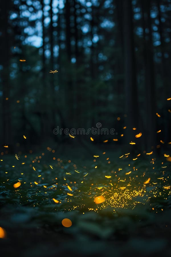 Enchanted Forest Scene with Fireflies at Night Stock Image - Image of ...