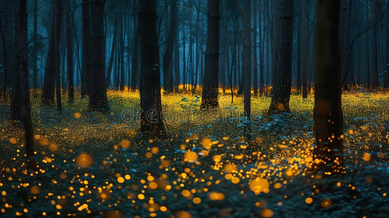 Enchanted Forest Scene with Fireflies at Night Stock Image - Image of ...