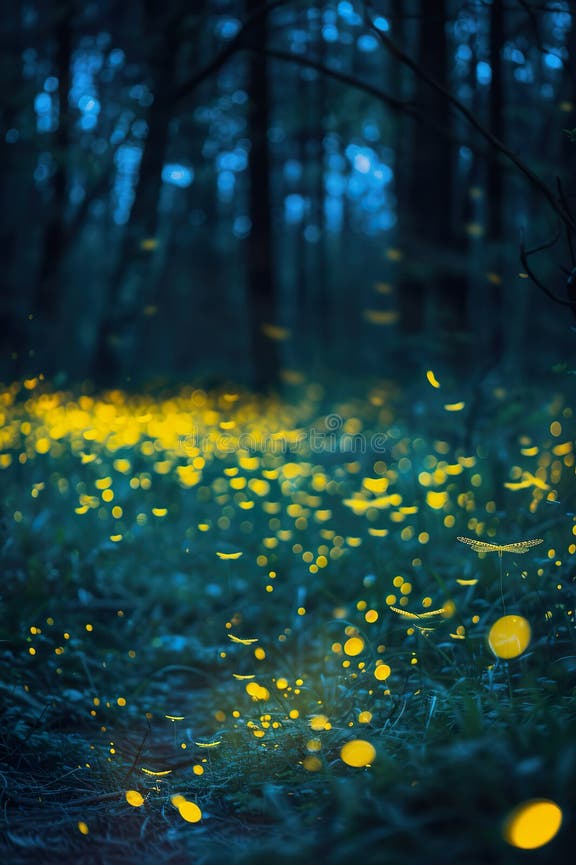 Enchanted Forest Scene with Fireflies at Night Stock Photo - Image of ...