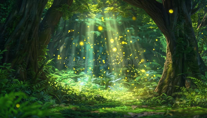 Enchanted Forest Scene with Glowing Fireflies, Perfect for Fantasy ...